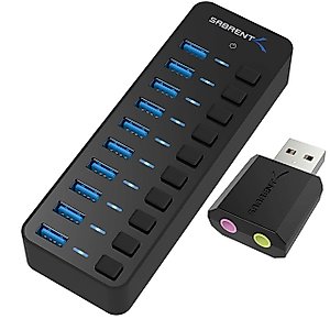 10 Port 60W USB 3.0 Hub with Individual Power Switches and LEDs Includes 60W 12V/5A Power Adapter+USB External Stereo Sound Adapter for Windows and Mac. Plug and Play No Drivers Needed
