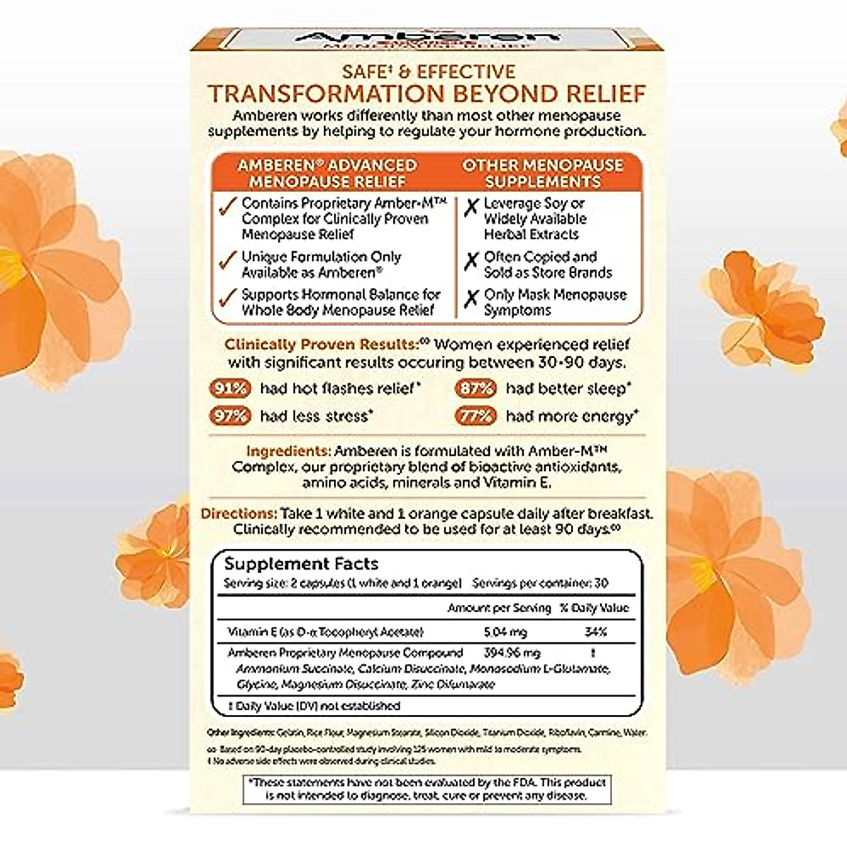 Amberen: Safe Multi-Symptom Menopause Relief. Clinically Shown to Relieve 12 Menopause Symptoms: Hot Flashes, Night Sweats, Mood Swings, Low Energy and More. 2 Month Supply