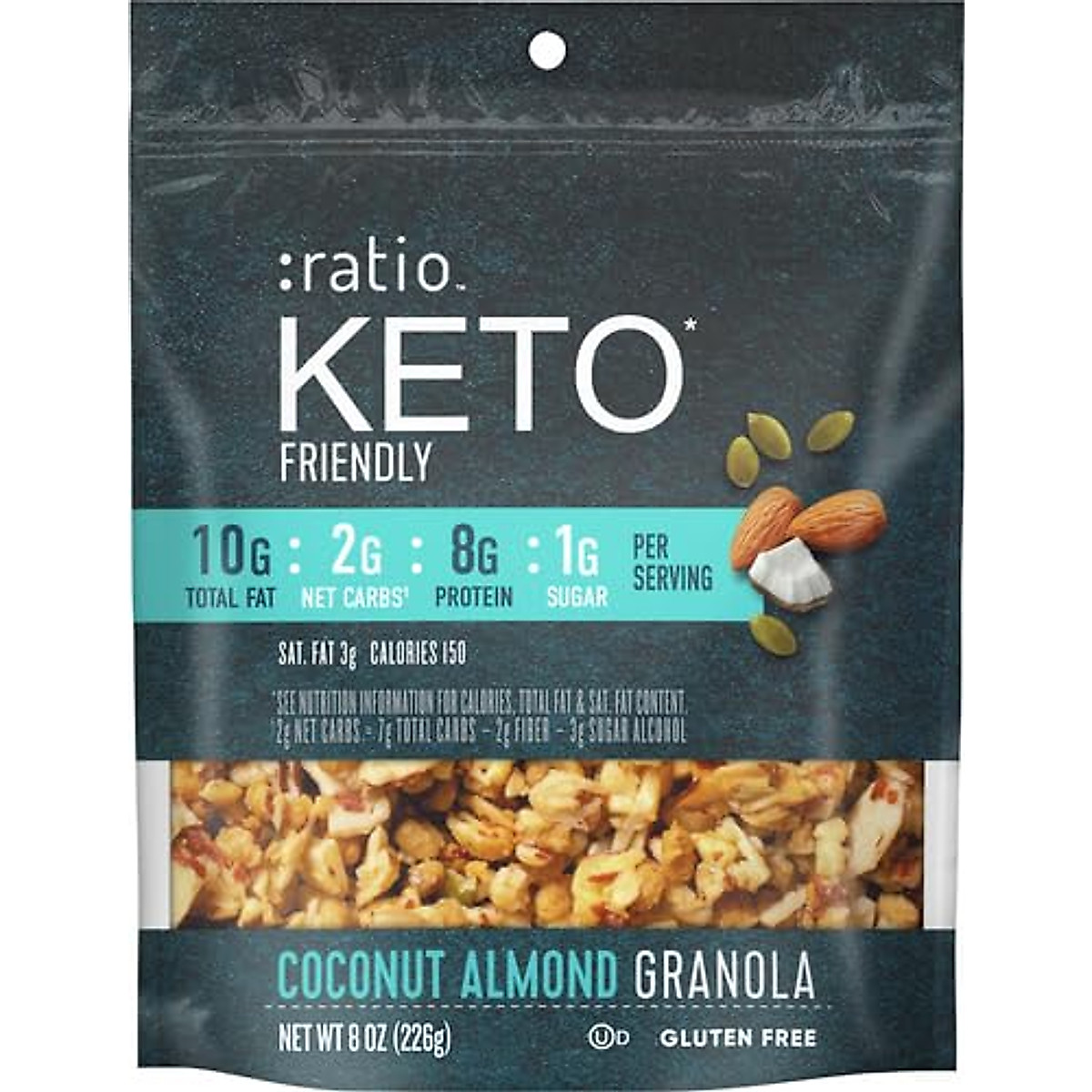 Ratio Coconut Almond Granola Cereal, 1g Sugar, Keto Friendly, 8 OZ Resealable Cereal Bag