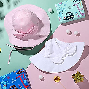 2 Pieces Baby Girls Sun Hat Adjustable Sun Protection Summer Beach Wide Brim Hat (White and Pink,0-12 Months)