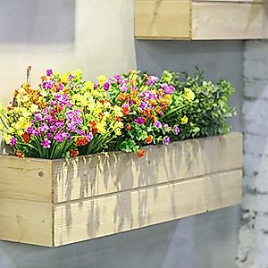 12 Bundles Artificial Flowers Outdoor, UV Resistant Faux Artificial Plants Shrubs Plastic Flower Bulk for Hanging Planter Porch Window Home Wedding Spring Summer Decor(Yellow, Orange, Fuchsia)