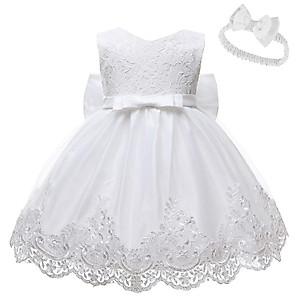 HOIZOSG Baby Christening Dress Lace Pageant Baptism Wedding Formal Bowknot Birthday Party Tutu Flower Girls Dress w/Headwear, White, 3-6M