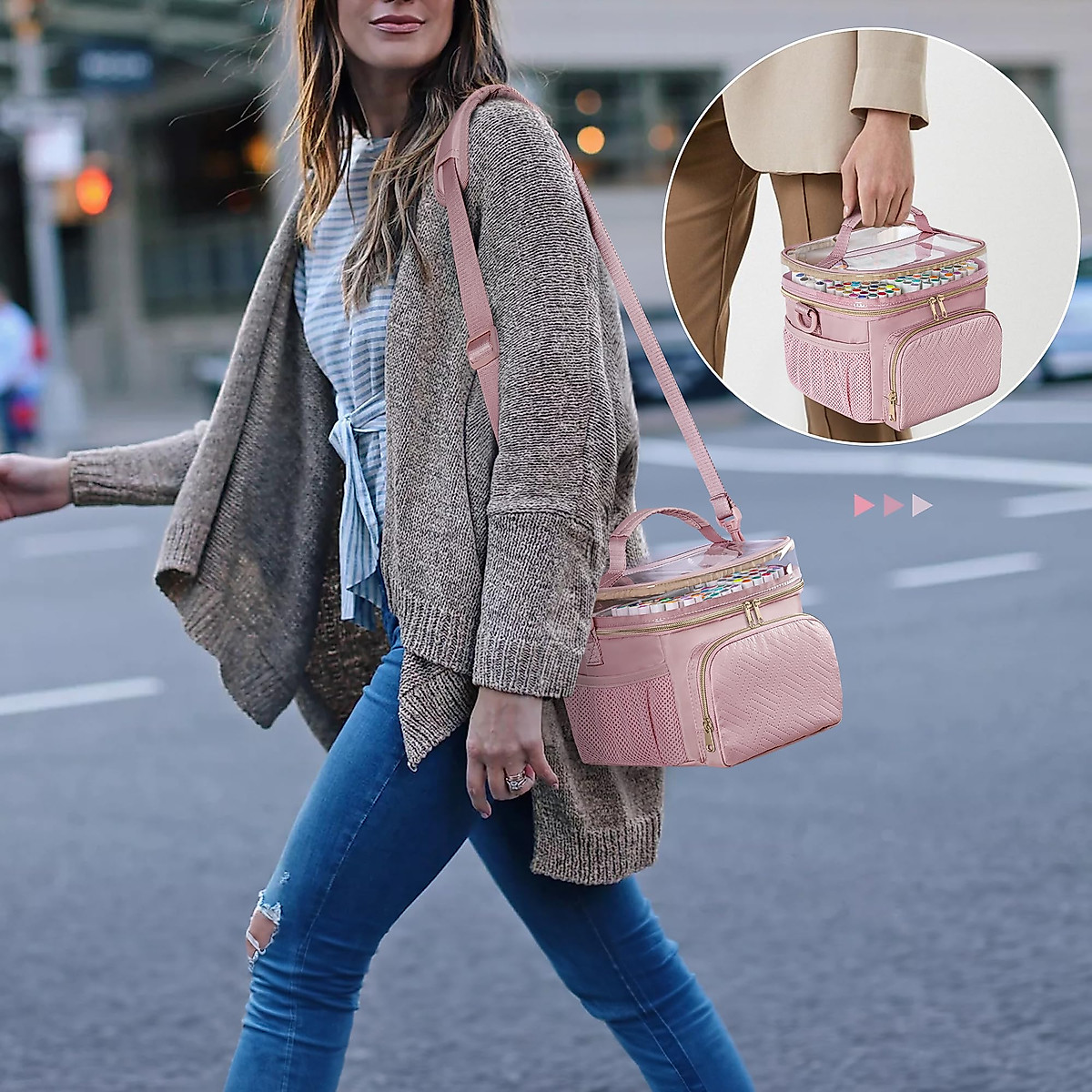 Rexmica Marker Organizer Case for 100 Markers, Marker Storage Organizer Bag with Divider and Shoulder Strap, Marker Travel Carrying Case with 3 Pockets, Pink (Patented Design)