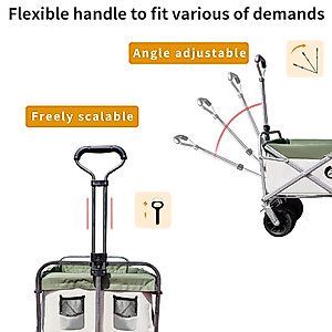 GLANZEND Collapsible Foldable Wagon, Utility Wagon Garden Trolley Cart Adjustable Handle All-Terrain Beach Wheels & Drink Holders, for Shopping Outdoor Camping Beach Garden, Green+White