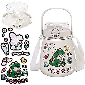 VAlinks Big Belly Stainless Steel Water Bottle with Shoulder Strap, Handle & Cute Stickers, 32oz/900ml Cute Insulated Water Bottle with Straw, Leak Proof Flip-Top Lid Vacuum Bottle, White