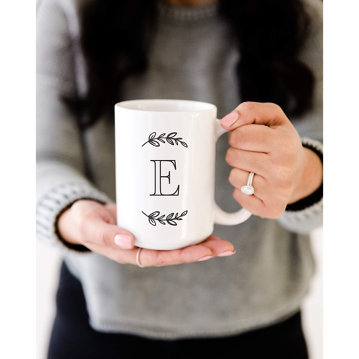 The Cotton & Canvas Co. Manhattan Wreath Personalized Monogram Initial Letter E Coffee Mug Porcelain Ceramic Coffee Mug. For Her, For Him