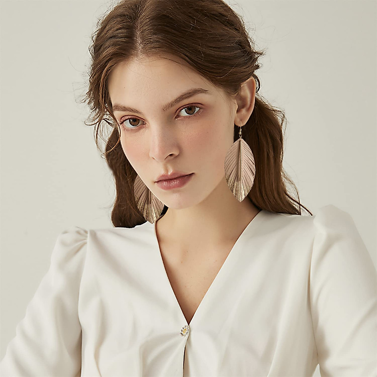 Handmade Bohemian Lightweight Soft Genuine Leather Feather Leaf Dangle Drop Earring Sparkle Real Leather Large Leaf Hook Earrings With Simple Drop Metal Bar for Women Statement Jewelry Gifts (Khaki)