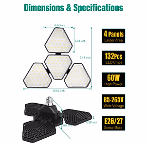 STODER Garage Lights Ceiling LED Adjustable Angles 120W 12000 Lumens 6500K Daylight Deformable Garage Ceiling E26/E27 Light Suitable for Garage Shop Basement Workshop (2Pack)
