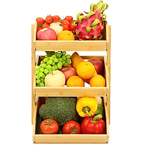 Mxbamhyc Bamboo Fruit Basket,3-Tier Fruit Bowl for Kitchen Counter, Large Capacity Vegetable Storage Holder,15 mm Thickness