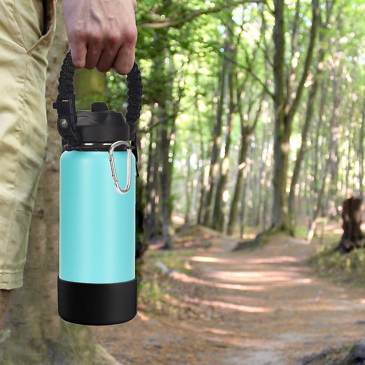 Paracord Handle Strap and Boot for Hydro Flask Wide Mouth Water Bottles,Durable Carrier with Safety Ring and Carabiner (Black White Spots)/Black, 32oz-40oz