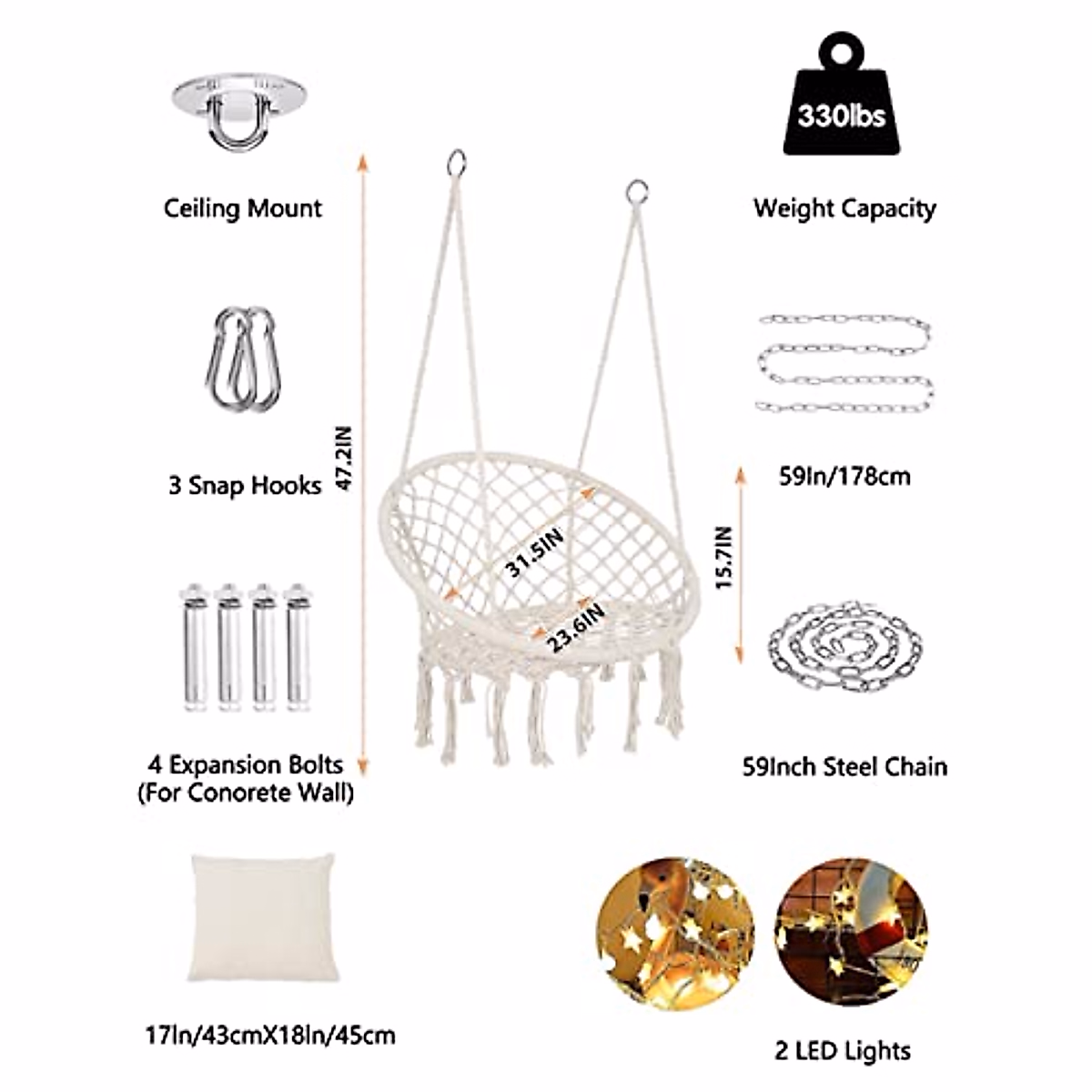 Wodeer Hammock Swing Chair with LED Light,Cushion and Hardware Kits,Handwoven Cotton Rope Macrame Hanging Swing Chair for Indoor, Outdoor, Patio, Bedroom.330 Lbs Capacity,for Almost Ages use,Beige