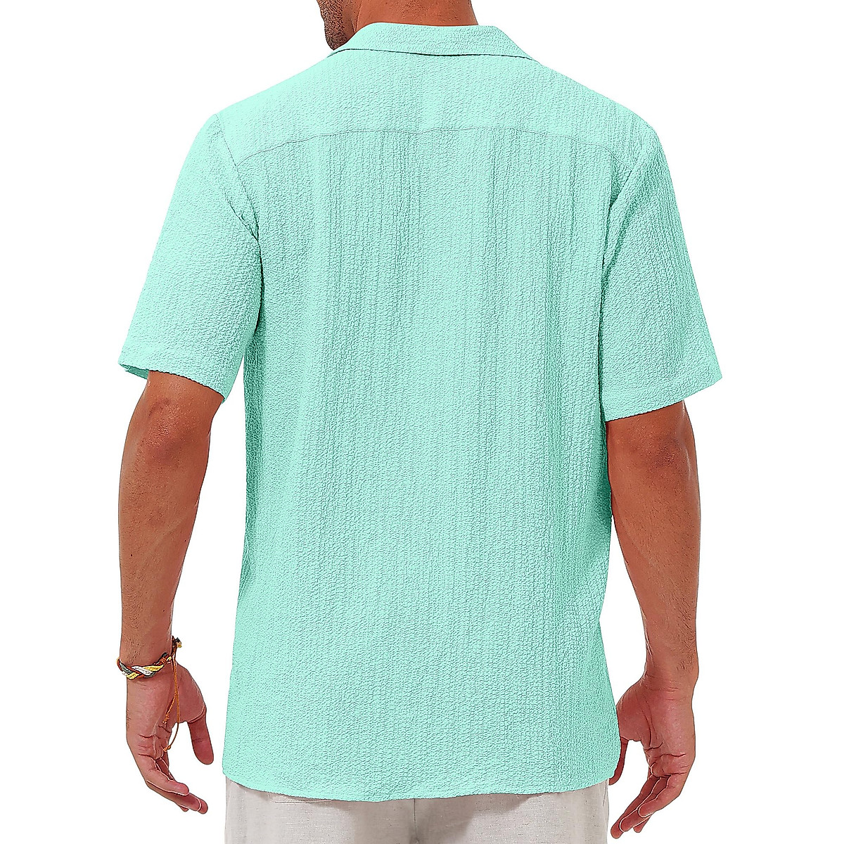 Alimens & Gentle Men's Seersucker Hawaiian Shirts Casual Short Sleeve Button Down Shirt for Men Summer Beach Shirt(Mint Green, Large)