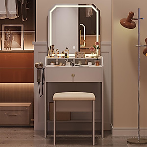 Small Makeup Vanity Desk with Mirror and LED Lights, White Little Girls Vanity Table with Drawer and Cushioned Stool Set Kids Dressing Table Set for Bedroom 3 Color Lighting with Adjustable Brightness