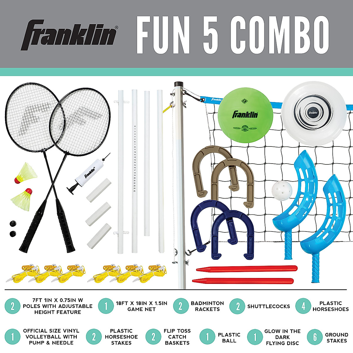 Franklin Sports Fun 5 Combo Outdoor Game Set - Backyard, Beach + Camping Games for Kids - Badminton, Volleyball, Flip Toss, Flying Disc - Horseshoes or Ring Toss