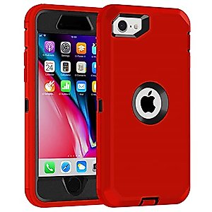 iPhone SE 2020/2022 3-in-1 Full Body Case, Built-in Screen Protector, Shockproof TPU & Hard PC Bumper, Drop-Proof Shell - Red/Black