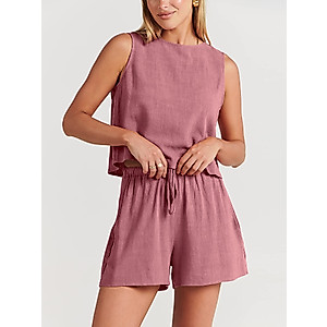 ANRABESS Women’s Summer 2PC Outfits Shorts Sets Sleeveless Crop Top Romper Lounge Matching Set Workout Tracksuit Set Beach Vacation Boho Clothes 806shenfen-L, Pink