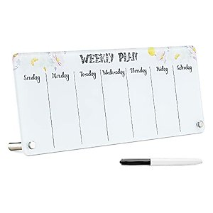 Navaris Weekly Whiteboard Planner - Small Dry Erase Glass Whiteboard to Do Calendar for Office Desk Dry Erase Schedule Board - 16 x 6 Inches - Flowers
