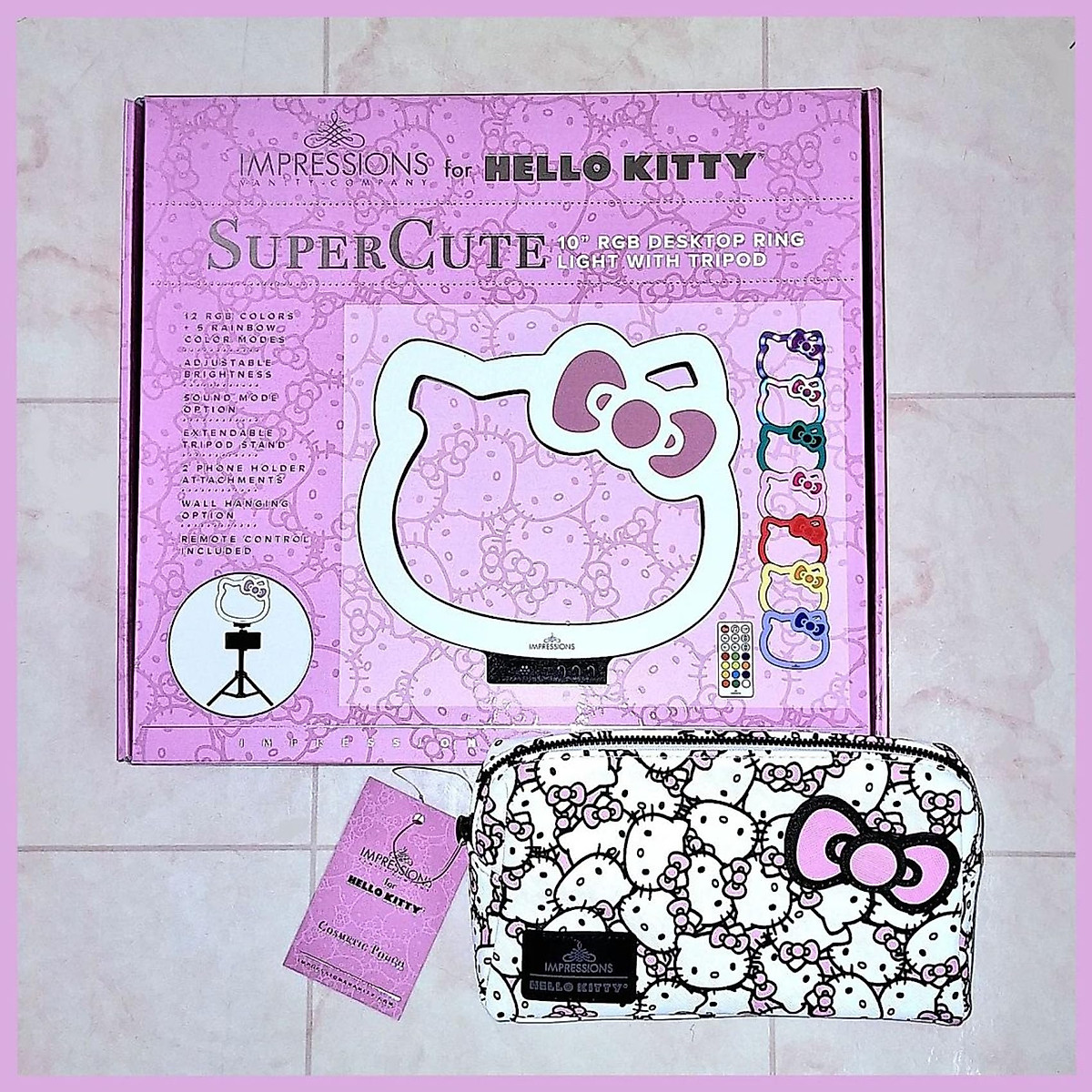 Impressions Vanity Hello Kitty Cosmetic Pouch with Waterproof Faux Leather, Zippered Bag For Travel Size Toiletries, Makeup Bag Organizer With Inside Pocket With Extra Slip Pocket (White/Pink)