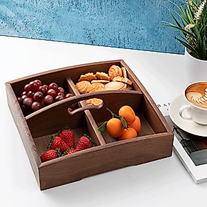 Insunen Walnut Wood Tray with Handle, Square Wooden Divided Serving Trays 4 Compartments, Nut Candy Snack Storage Organizer Trays, Coffee Table Tray, Ottoman Decorative Tray (10.6"x10.6"x3.15")