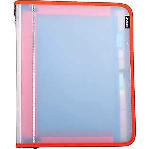 Case-it Transulcent Slim Go Tab Zipper Binder, 1" O-Ring with 5-Color tabs, Expanding File Folder, PS-425-Slim, Red