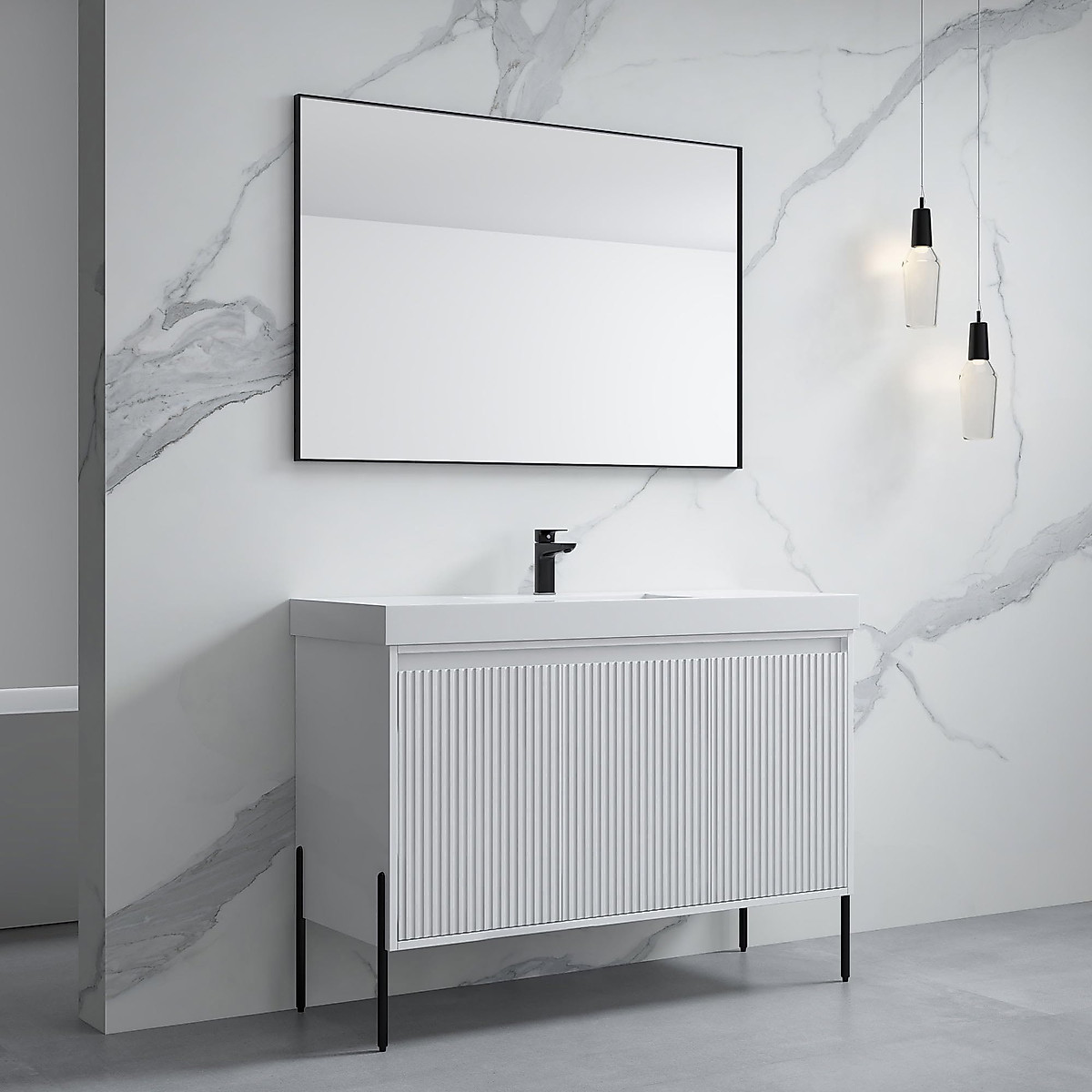 Dowell 48" Inch White Bathroom Vanity with Single Gel/Resin White Sink Combo, Modern Bathroom Cabinet with Soft-Close Door, Freestanding Bathroom Vanity Set - 002 Series [Assembly Required]