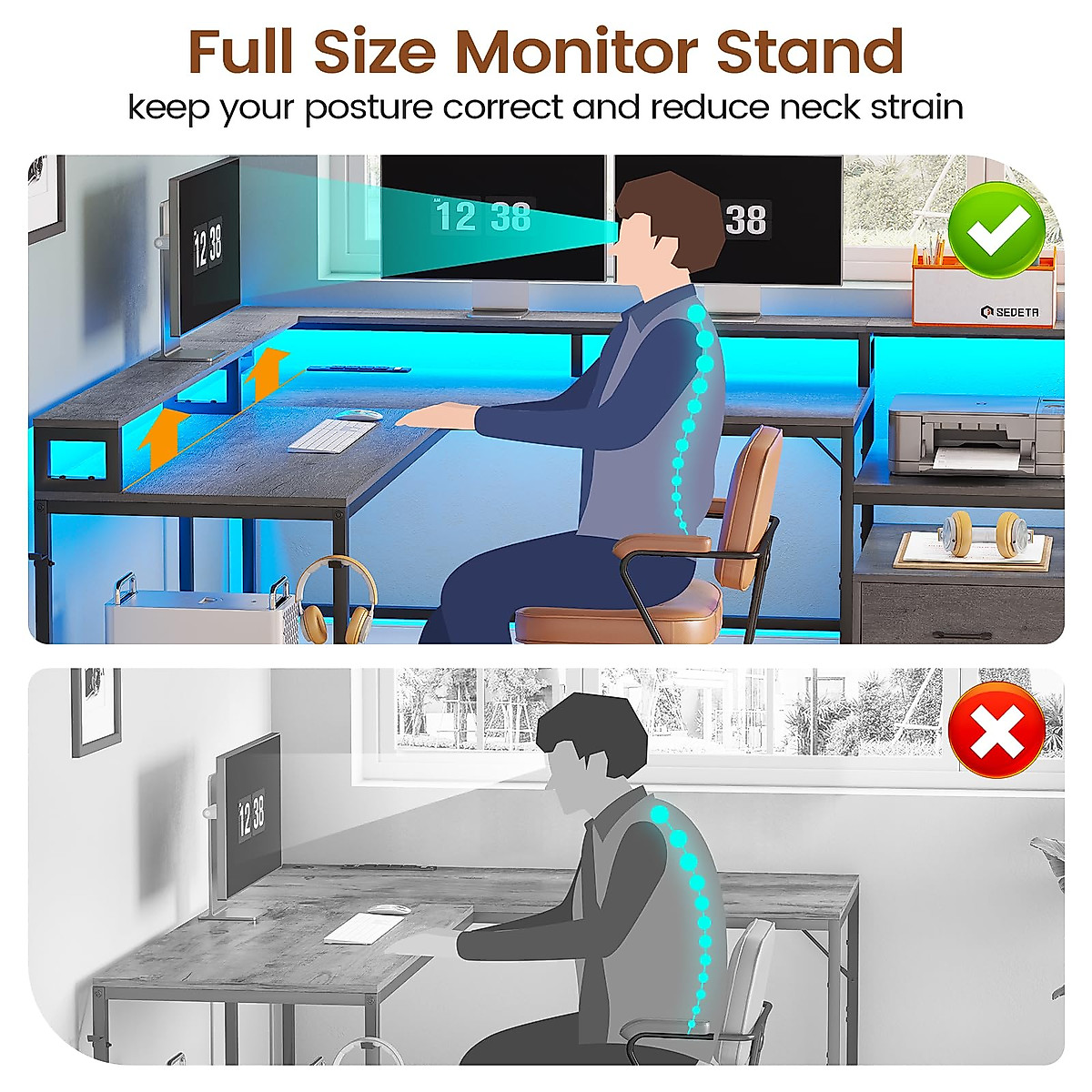 SEDETA L Shaped Office Desk, 66" Home Office Desk with File Drawer & Power Outlet, Gaming Desk with Led Lights, Corner Computer Desk with Monitor Shelf, Printer Storage Shelves, Two Person Desk, Grey