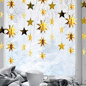 Bememo Christmas Star Garland 3D Hanging Paper Mixed Sizes Sparkly Star Banner for Christmas Tree Kid Room Wedding Birthday Party Decorations, 6 Pieces 65.6 Feet (Gold)