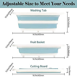 Rottogoon Collapsible Cutting Board, Foldable Chopping Board with Colander, Multifunctional Kitchen Vegetable Washing Basket Silicone Dish Tub for BBQ Prep/Picnic/Camping(Light Blue)