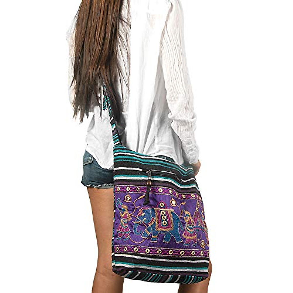 TribeAzure Elephant Hobo Shoulder Bag Cotton Sling Crossbody Handbag Boho Hippie Books Market Spacious Colorful Roomy Casual (Majestic Purple)