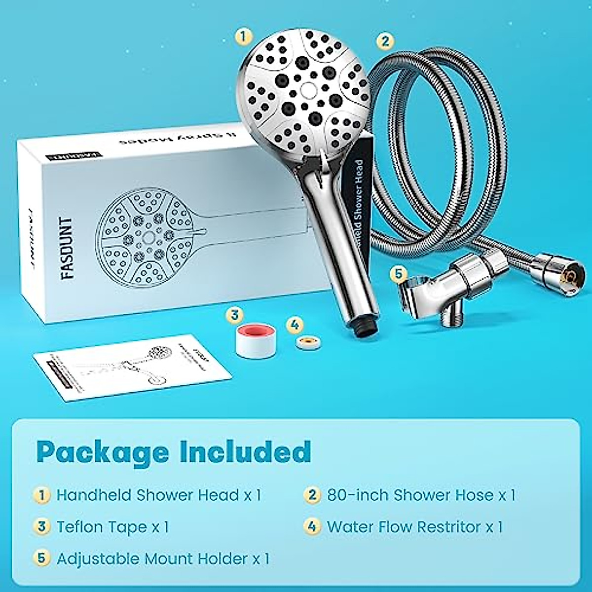 FASDUNT High Pressure Shower Head with Handheld, 8-mode Shower Heads with 80" Extra Long Stainless Steel Hose & Adjustable Bracket, Built-in Power Wash to Clean Tub, Tile & Pets - Chrome