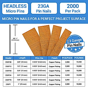 meite 23 Gauge Pin Nails, 3/4-Inch Micro Headless Pins for Pin Nailer - Copper Plated Pins Nails for Nail Gun, Ideal for Fine Woodworking and Trim Work (10,000 PCS)