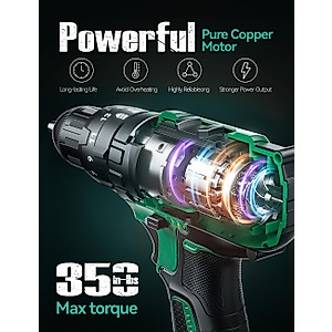 KIMO Hammer Drill - 20V 2X Battery Hammer Drill Cordless Drill Set, 350 In-lb Torque, 3/8" Keyless Chuck, 1350 RPM, 21+3 Position,14pcs Drill/Driver Bits, Power Drill Drivers for Concrete Brick Wall