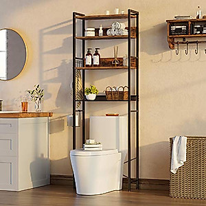 Rolanstar Over The Toilet Storage, 4-Tier Wooden Bathroom Space Saver with Hooks, Freestanding Bathroom Organizer, Multifunctional Over The Toilet Storage Rack, Bathroom Toilet Rack, Rustic Brown