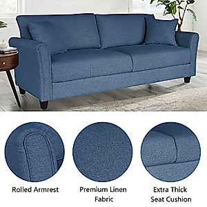 mikibama Linen Fabric Sofa 85 Inches Mid-Century Modern Couch 3 Seater Sofa with 2 Throw Pillows Upholstered Sofa with Rolled Armrest for Living Room, Apartment, Bedroom (Dark Blue)