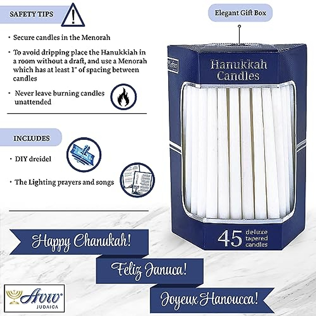 Dripless Hanukkah Candle Set of 45 Premium Solid White Thin Tapered Candles for Standard Chanukah Menorah, Birthday Party, Celebration Candles Enough for 8 Nights of Hanukah by Aviv Judaica
