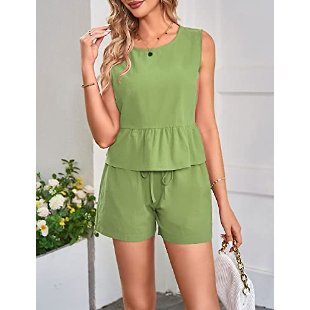 Bozanly Women's Summer 2 Piece Outfits Sleeveless Ruffle Crop Tank Top High Waist Wide Leg Shorts Sets(0680-Green-XL)
