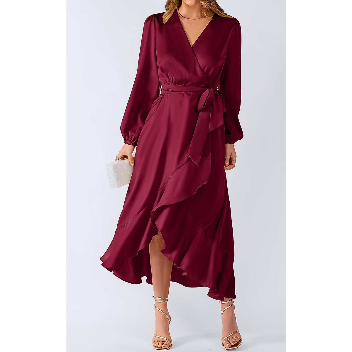 PRETTYGARDEN Women's Satin Fall Dress Semi Formal Satin Long Sleeve Wrap V Neck Ruffle Belted A-Line Flowy Maxi Dresses (Wine Red,Small)