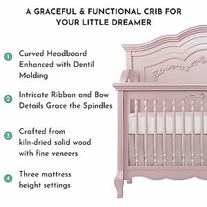 Evolur Aurora 5-In-1 Convertible Crib In Dusty Rose, Greenguard Gold Certified, Features 3 Mattress Height Settings, Sturdy And Spacious Baby Crib, Wooden Furniture