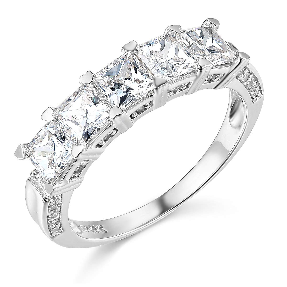 Wellingsale Ladies Solid 14k White Gold Polished CZ Cubic Zirconia Princess Cut Five 5 Stone Anniversary Wedding Band - Size 8.5
