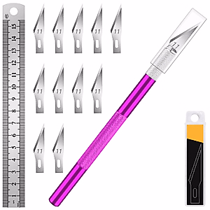 DIYSELF 1 Pcs Craft Knife Hobby Knife Exacto Knife with 11 Pcs Stainless Steel Exacto Blade Kit, 1pcs Steel 15CM Ruler for Art, Scrapbooking, Stencil (Purple)