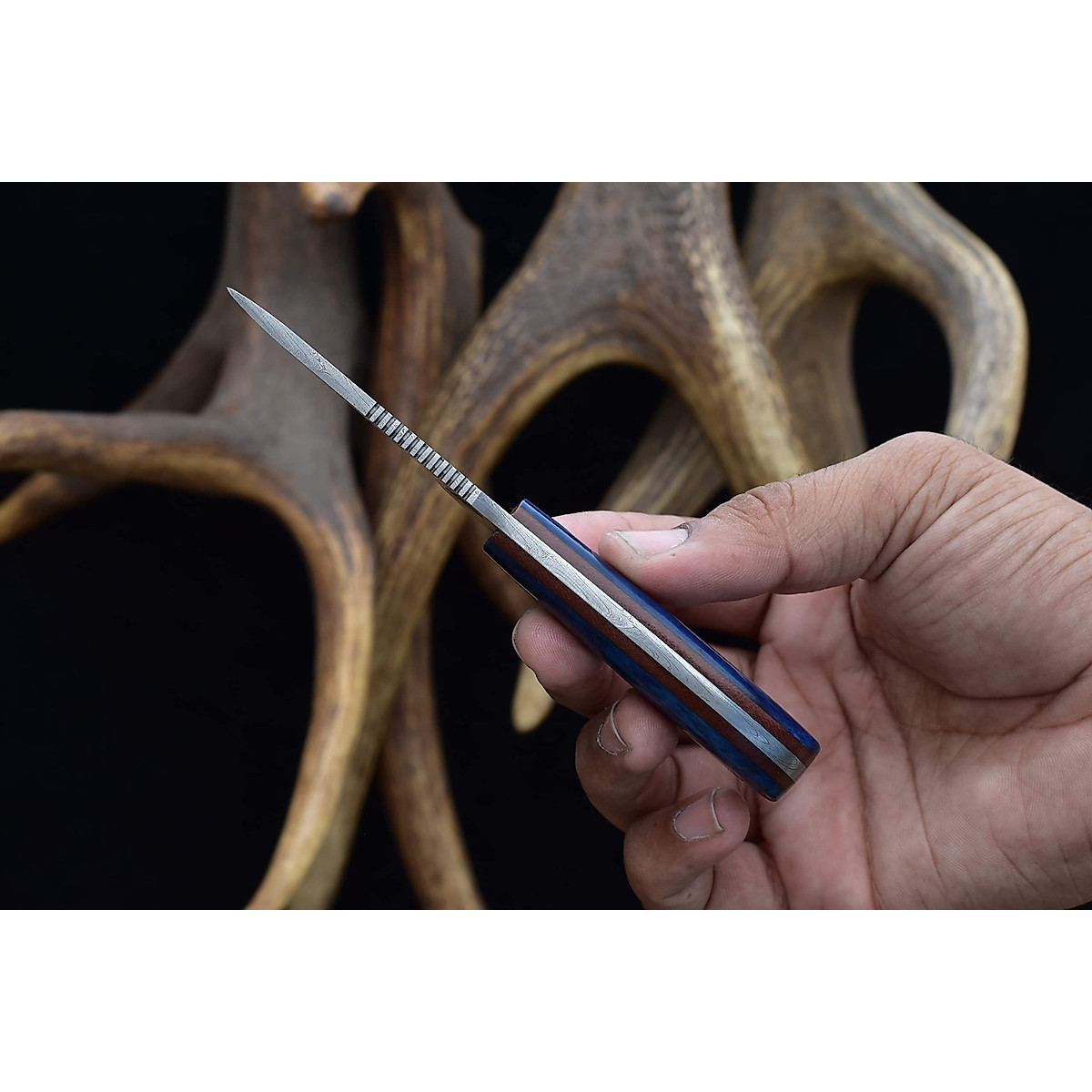 Knives Ranch Handmade Damascus Steel Full Tang 5-1/2" Cowboy Style Dandy Knife with Blue Dyed Cattle Bone Handle and Horizontal Carrying Crossdraw Sheath Snug Fit (2006-BLU)