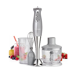 BETTY CROCKER Immersion Blender for Home & Kitchen, 2-Speed Hand Mixer Electric Handheld with Stainless Steel Blade, Beaker & Whisk, 250W Portable Blender with Ergonomic Handle, Silver