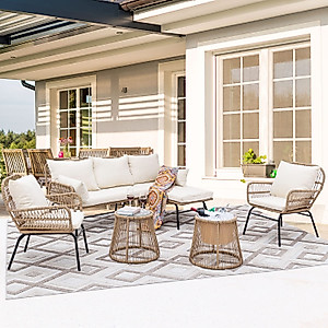 NICESOUL® 6 Pcs Boho Outdoor Small Patio Furniture Lounge Set with Beige Cushion and Round Glass Table with Ice Bucket Natural Color Wicker Conversation Sofa Set for Garden Balcony Deck