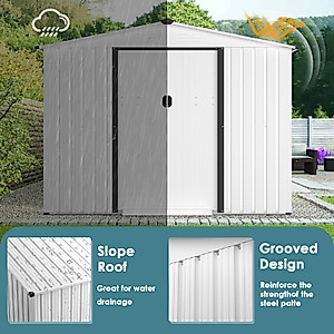 Crownland Outdoor Vented Backyard Garden Storage Shed 6 x 8 Feet Tool House with Sliding Door Outdoor Lawn Steel Roof Sheds (White), 6x8FT