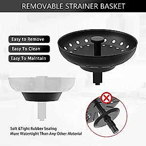 EXAKEY Black Sink Drain 3-1/2 Inch Matte Black Kitchen Sink Drain Strainer Assembly Kit with Strainer Basket and Drain Stopper for Standard Kitchen Sink Stainless Steel