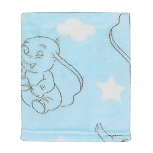 Disney Dumbo Pastel Blue, Grey & White Clouds & Stars Super Soft Baby Blanket, Light Blue, Grey, White