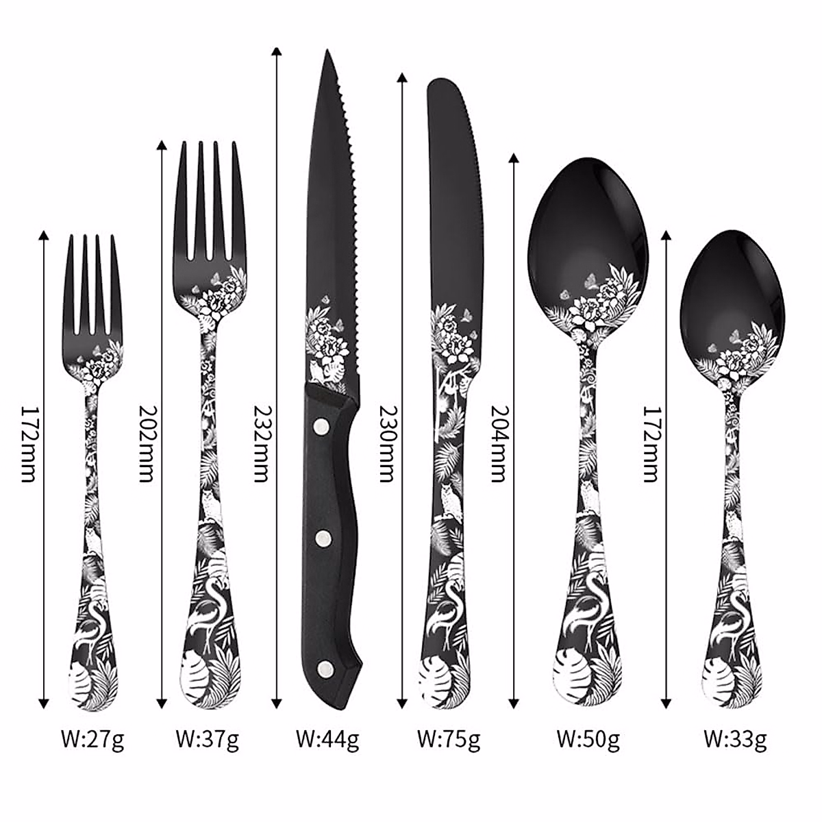 24 Piece Black Patterned Silverware Set Food-Grade Stainless Steel Cutlery Set With Steak Knives Flatware Set for 4 Mirror Polished Tableware Utensil for Home Kitchen Restaurant Ergonomic Durable