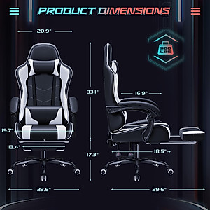 JUMMICO Gaming Chair Ergonomic Computer Chair with Footrest and Massage Lumbar Support, Height Adjustable Video Gaming Chair with 360° Swivel Seat and Headrest (White)
