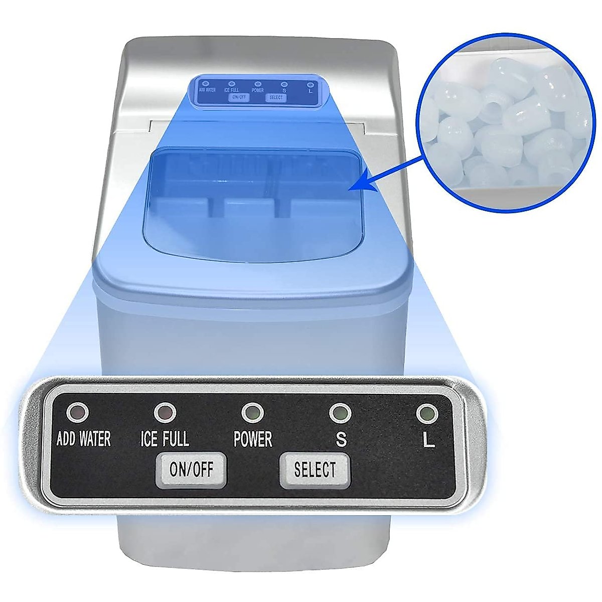 SMETA Bullet Pebble Ice Maker Machine Countertop, Chewable Nugget Ice Chip Maker Crushed Ice Machine Soft Chewy Ice Cubes Quick in 6-10mins, 26lbs/24H with Ice Scoop for Gift, Stainless Steel Silver