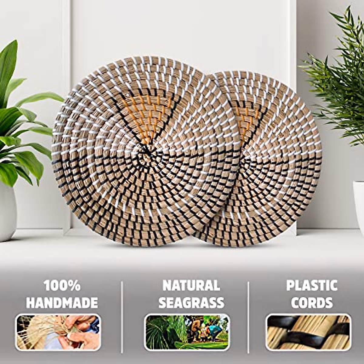 Aureika Decorative Hanging Wall Baskets from Seagrass - Round Wicker Basket Wall Decor - Wicker Wall Art - Wall Basket Decor Boho Flat - Decorative Baskets for Wall with Unique Design (Cyrence)
